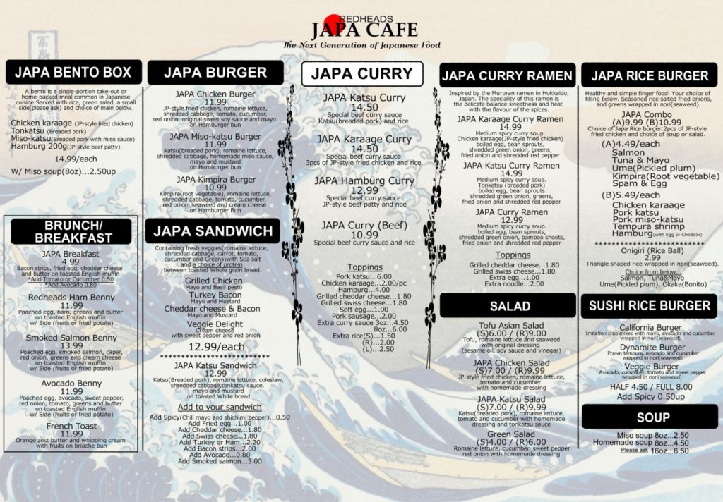Menus – Redheads Japa Cafe